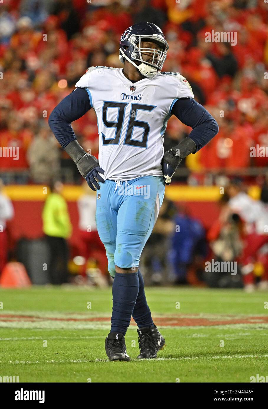 Tennessee Titans defensive end Denico Autry (96) looks on before a play ...