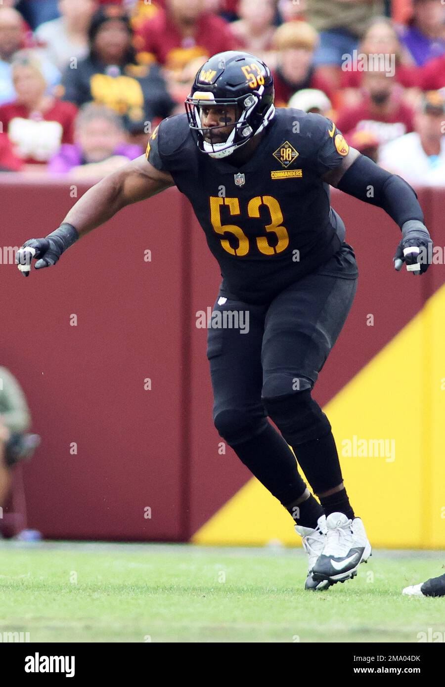 Washington Commanders guard Trai Turner (53) blocks during an NFL ...