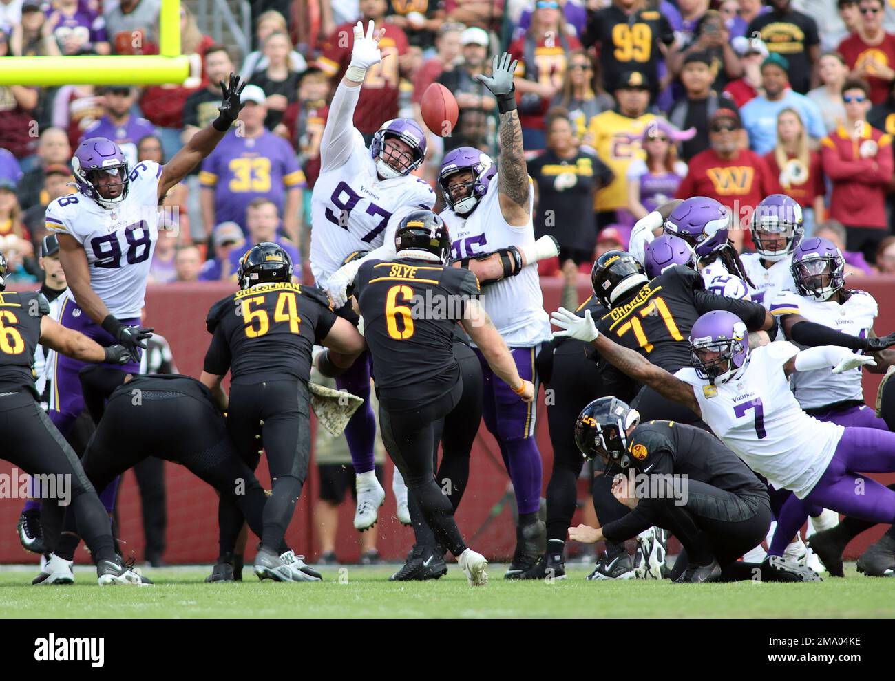 Washington Commanders place kicker Joey Slye (6) kicks during an NFL ...