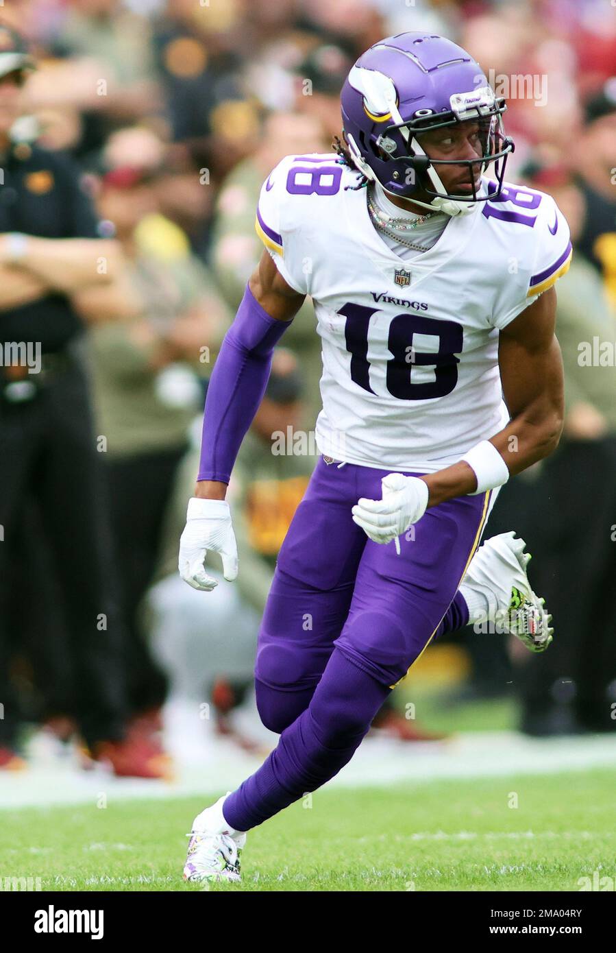 Minnesota Vikings wide receiver Justin Jefferson (18) runs during an ...