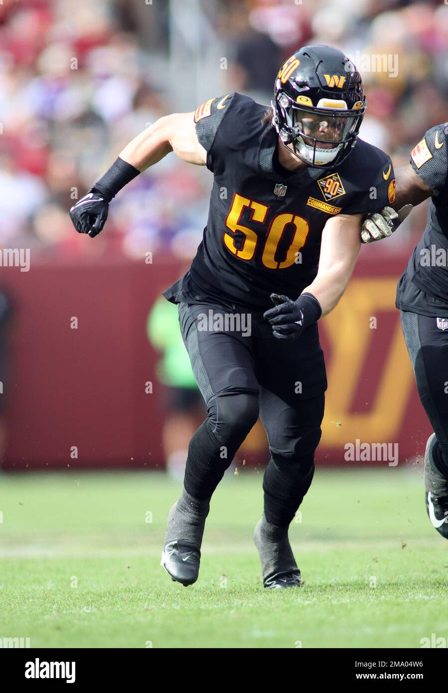 Washington Commanders linebacker Drew White (50) runs during an NFL ...
