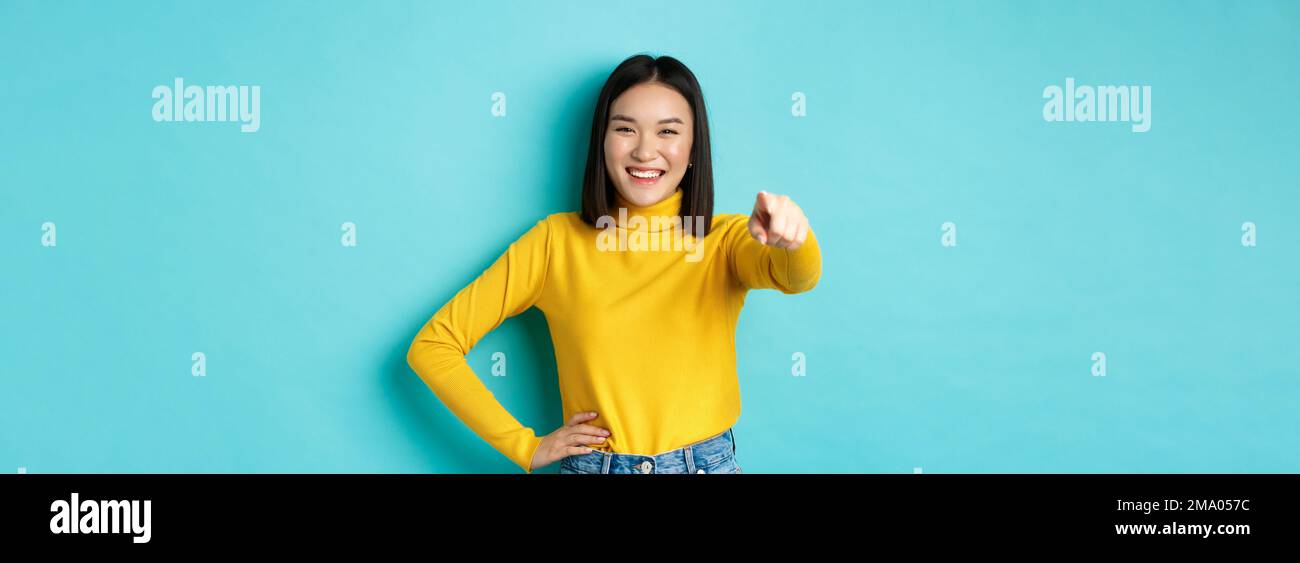Beauty and fashion concept. Cheerful asian woman laughing and smiling ...