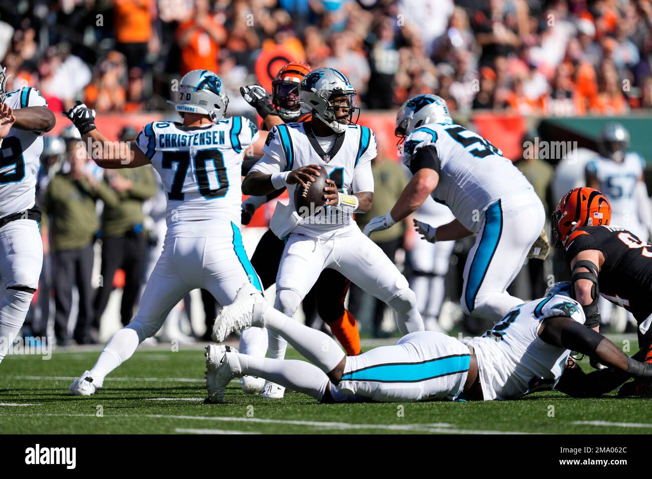 Carolina Panthers quarterback PJ Walker, center, looks to pass during ...