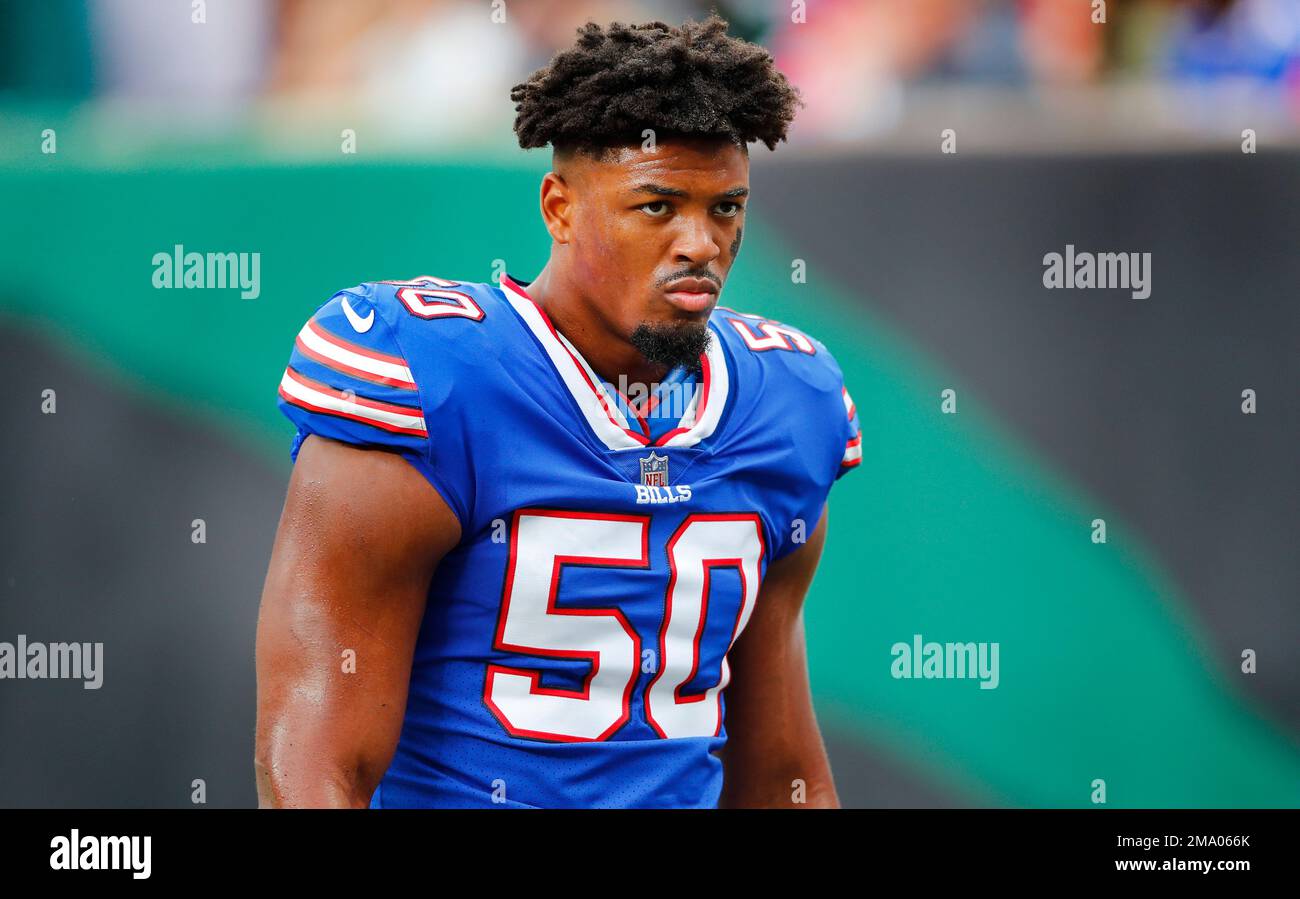 Buffalo Bills defensive end Greg Rousseau (50) during the warm up ...