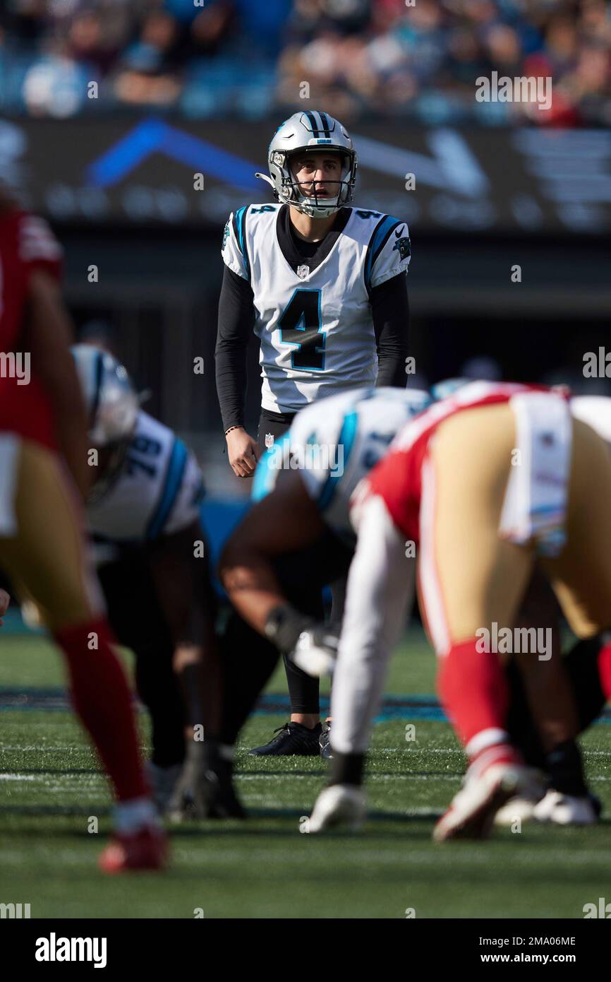 Carolina Panthers place kicker Eddy Pineiro (4) lines up a field goal ...