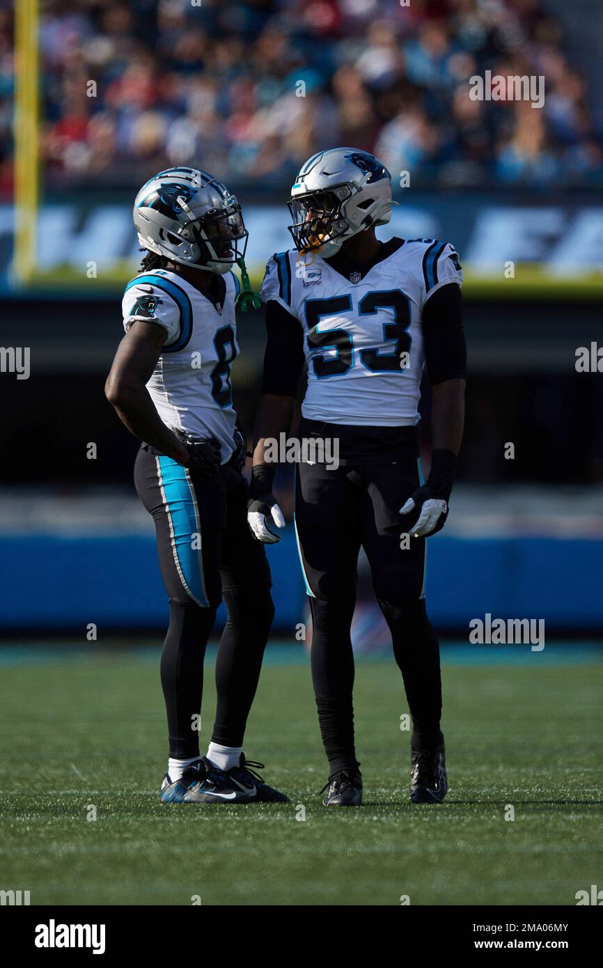Carolina Panthers defensive end Brian Burns (53) chats with cornerback ...