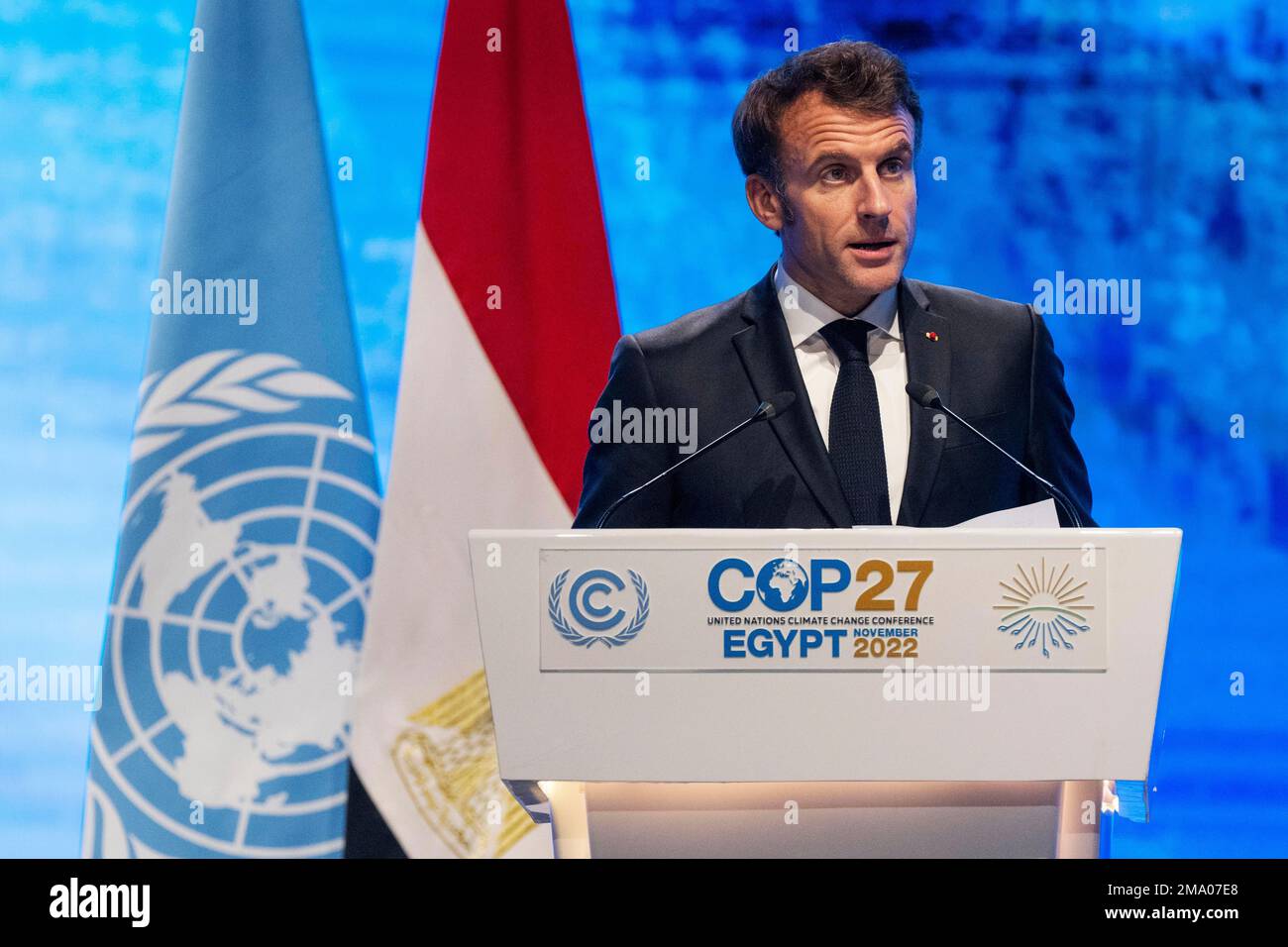 French President Emmanuel Macron speaks at the COP27 U.N. Climate ...