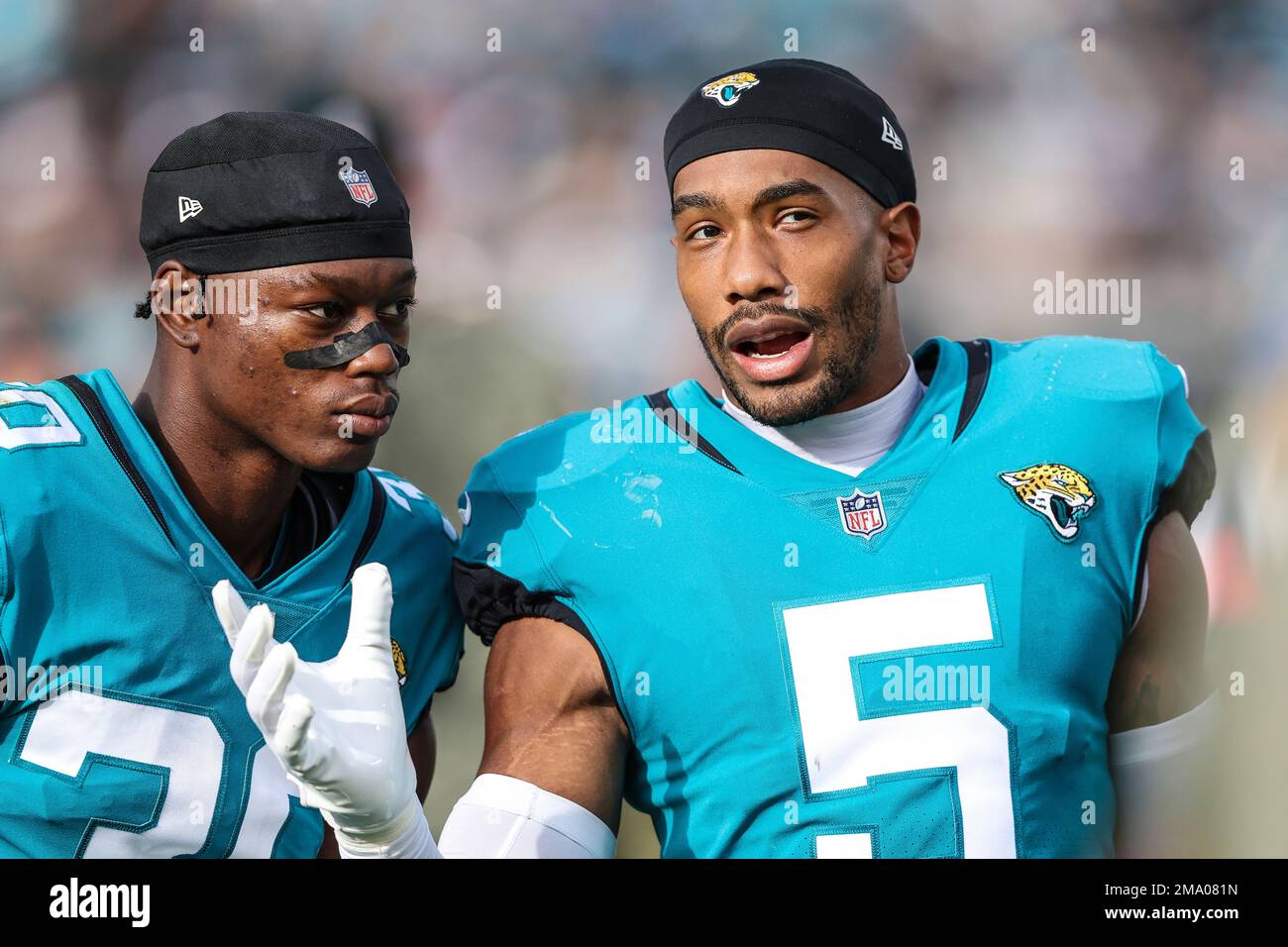 Jacksonville Jaguars cornerback Montaric Brown (30) listens to safety ...