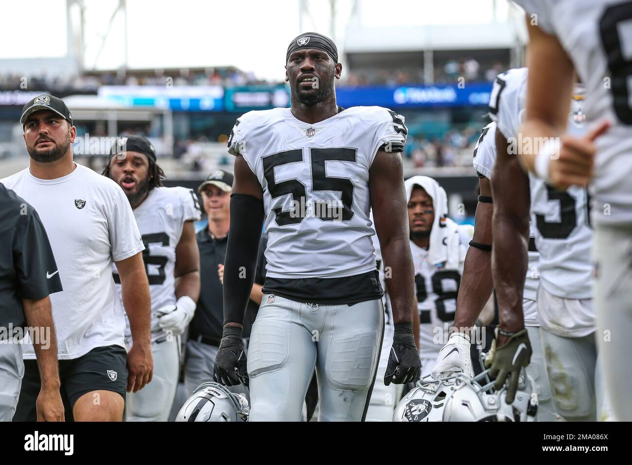 Las Vegas Raiders defensive end Chandler Jones (55) leaves the field at ...