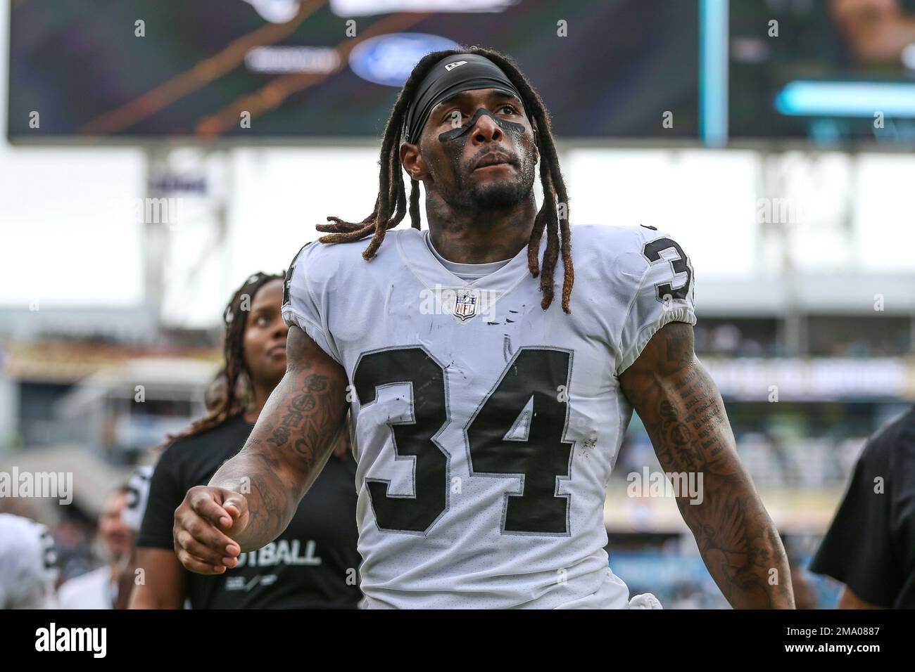 Las Vegas Raiders running back Brandon Bolden (34) leaves the field at ...