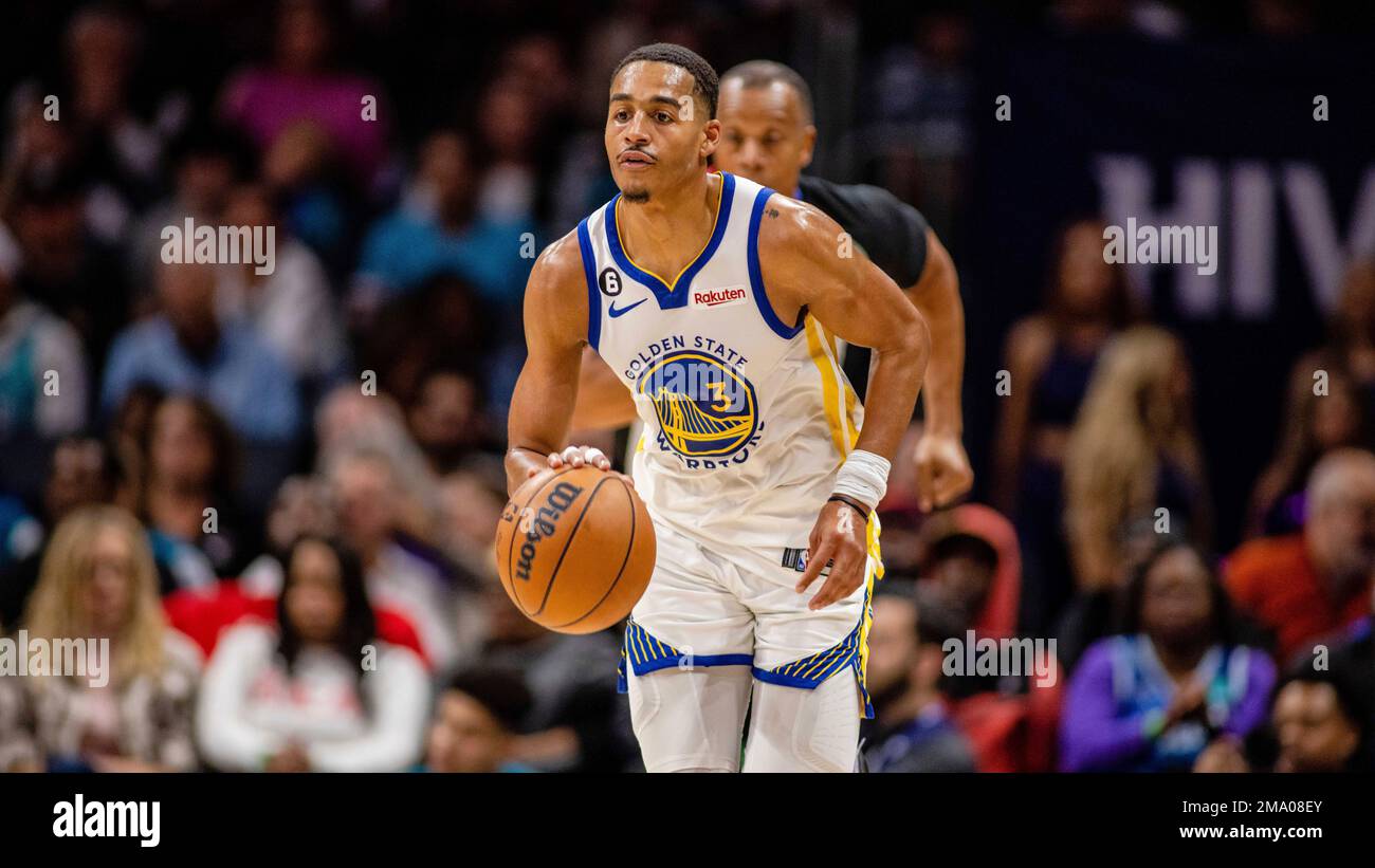 Golden State Warriors guard Jordan Poole (3) brings the ball up court ...