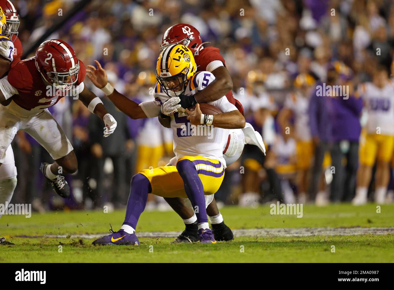 LSU quarterback Jayden Daniels (5) and Alabama linebacker Jaylen Moody ...