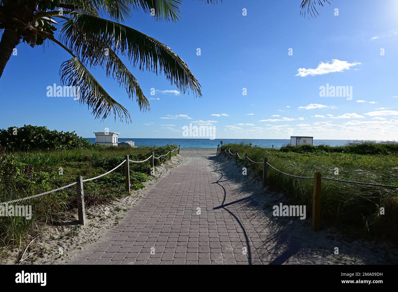 Beach access path on South Beach in Miami Beach, Florida on clear ...