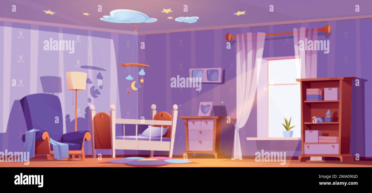 Nursery interior design with crib, toys and armchair. Cartoon vector ...