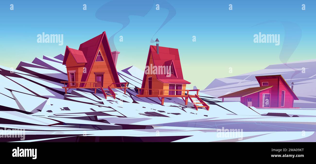 Winter mountain landscape with chalet houses, white snow, frozen lake ...