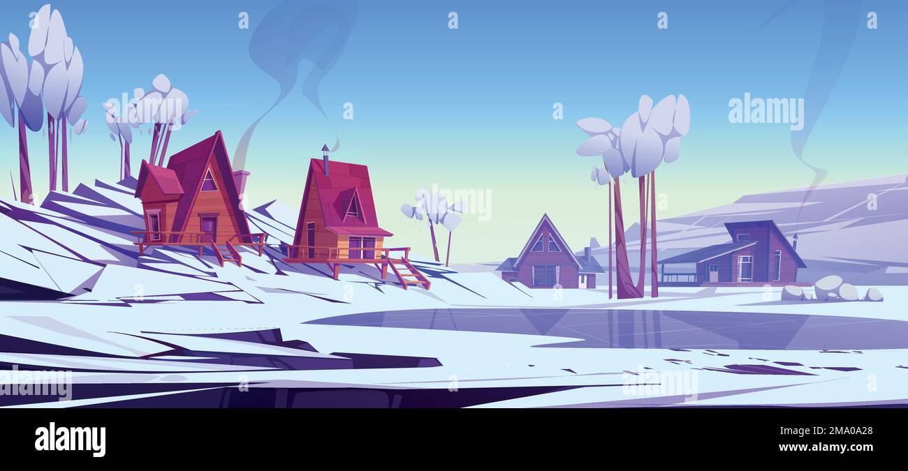 Winter mountain landscape with chalet houses, white snow, frozen lake ...