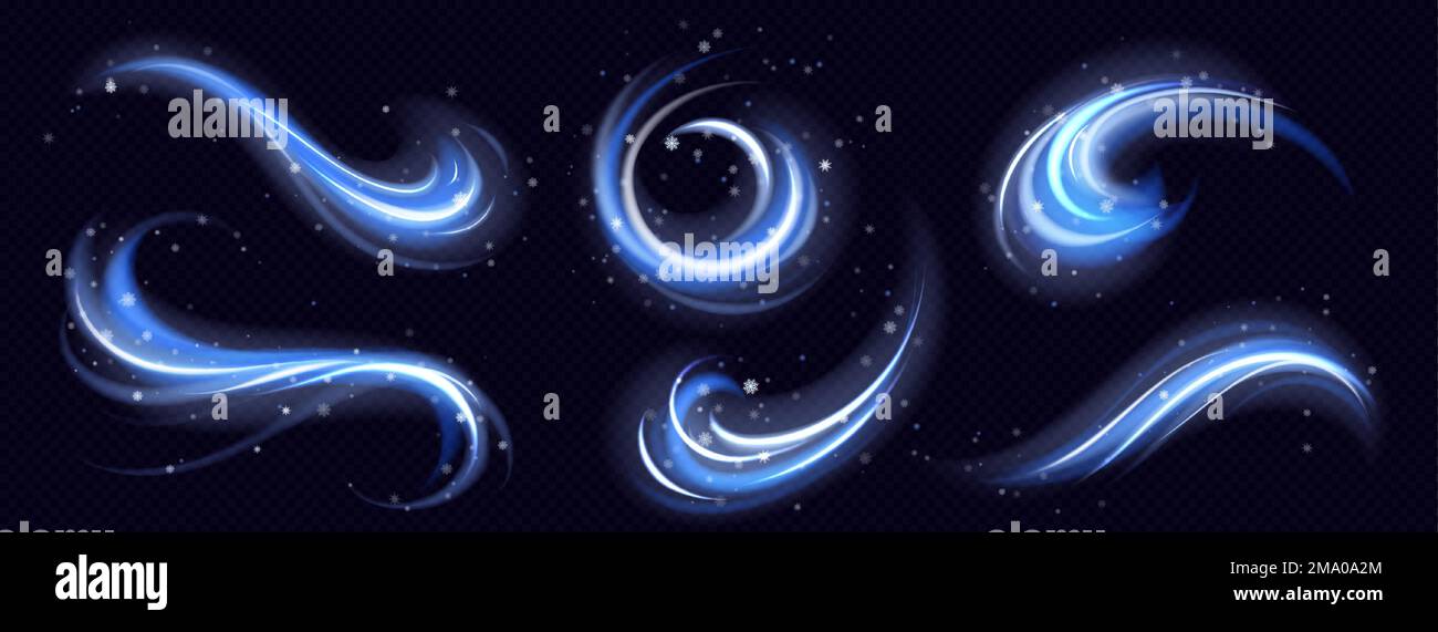 Cold winter light effect, swirl bright twinkle line. Wind vortex blow ...