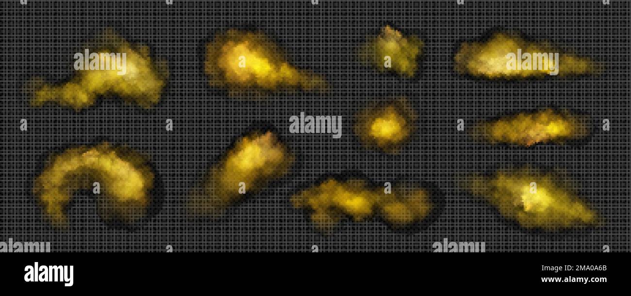 Yellow clouds of smoke, fog or steam. Magic dust splashes, color powder ...