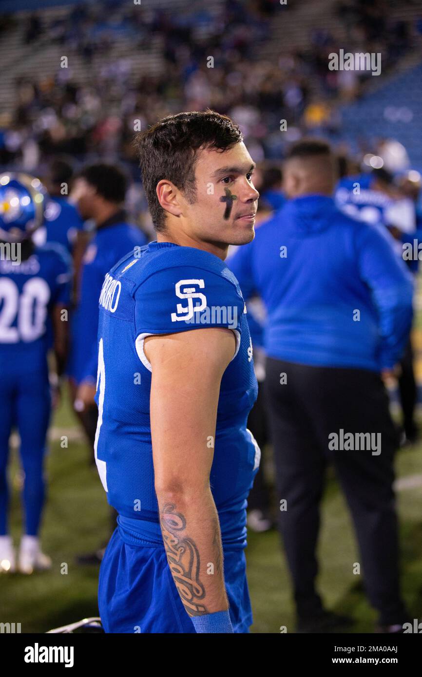 San Jose State quarterback Chevan Cordeiro (2) walks off the field ...