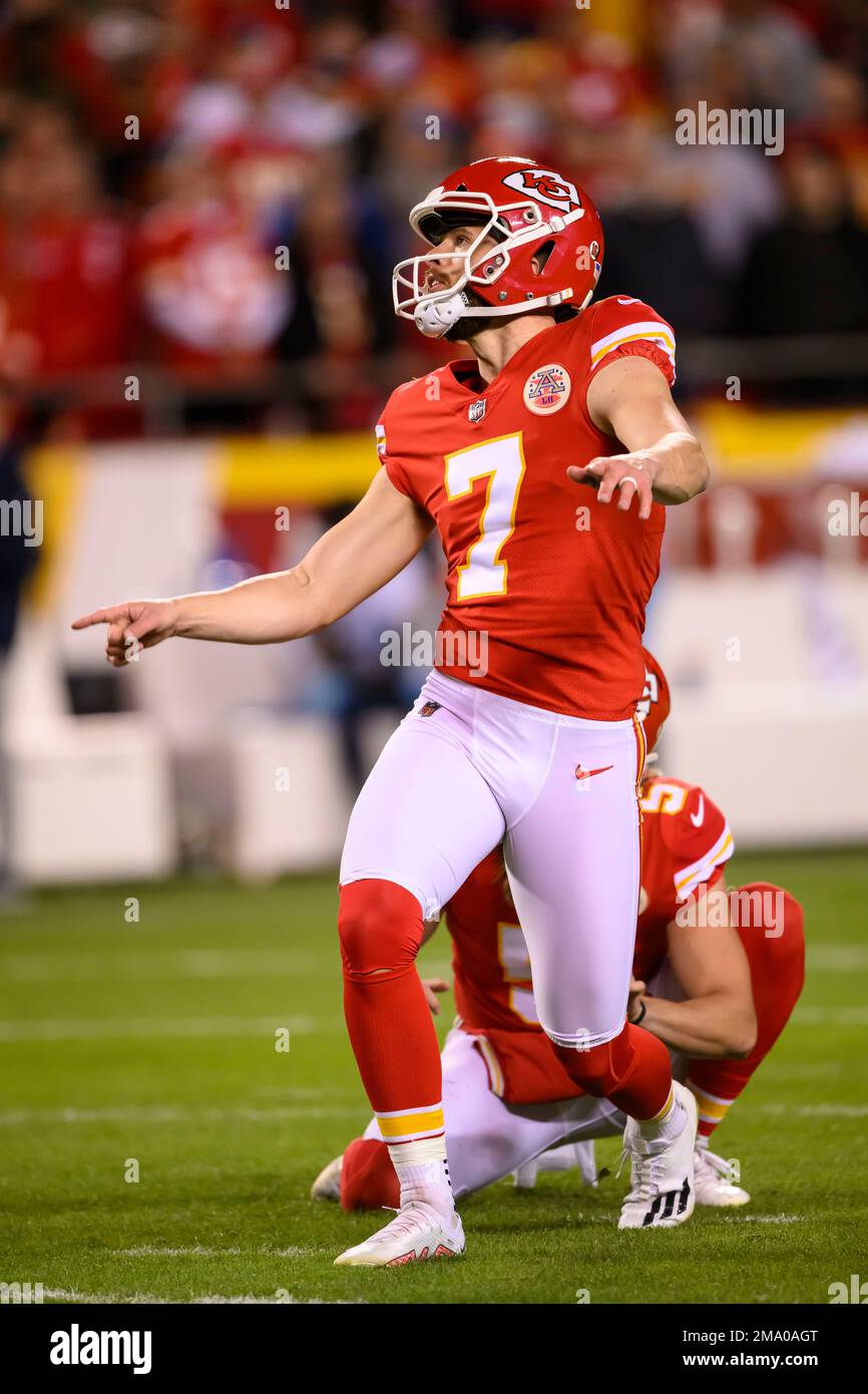 Kansas City Chiefs place kicker Harrison Butker watches as his field ...