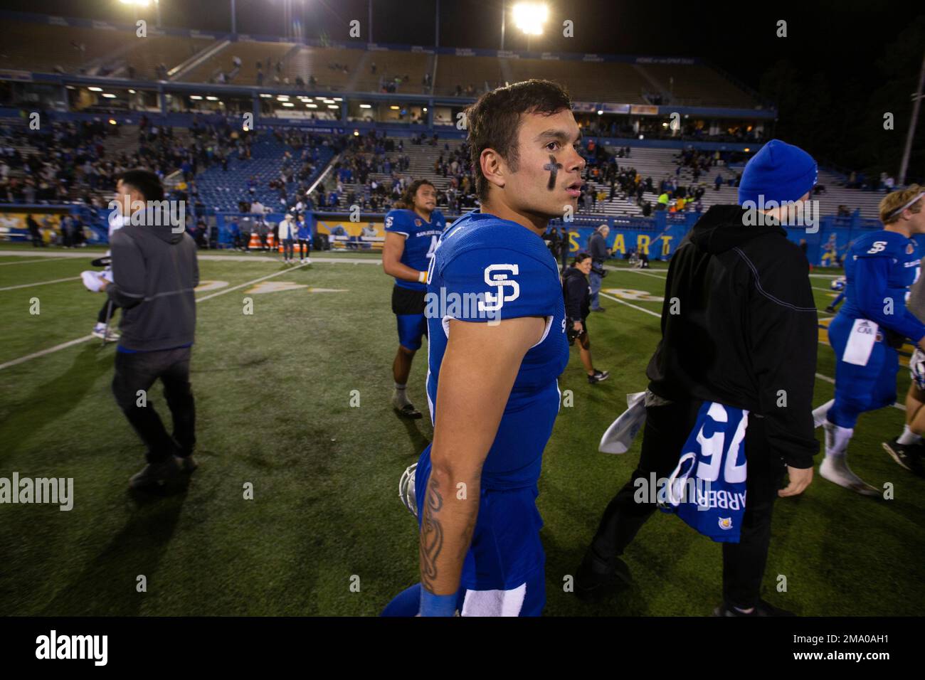 San Jose State quarterback Chevan Cordeiro (2) walks off the field ...