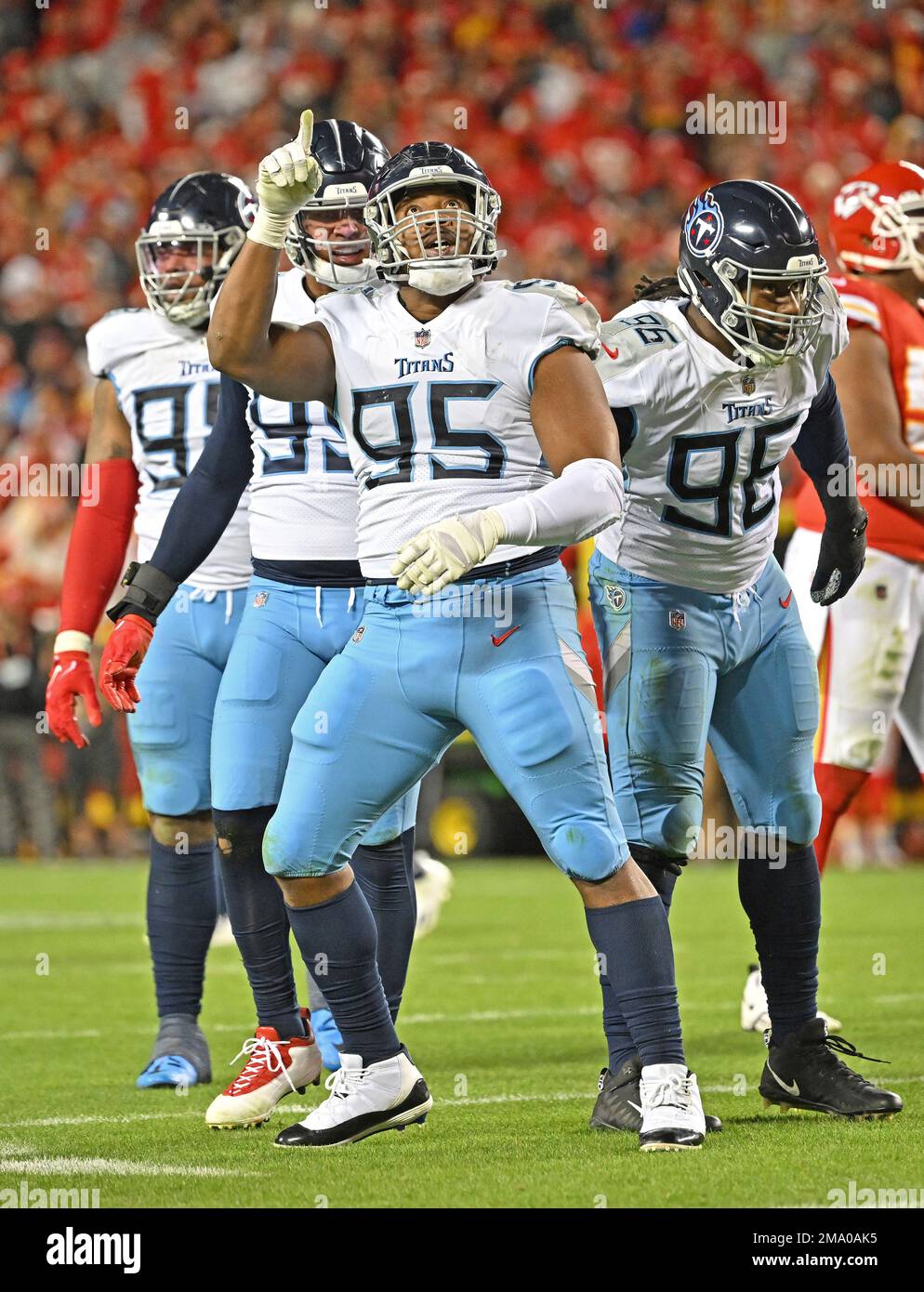 Tennessee Titans defensive end DeMarcus Walker (95) reacts after a sack ...