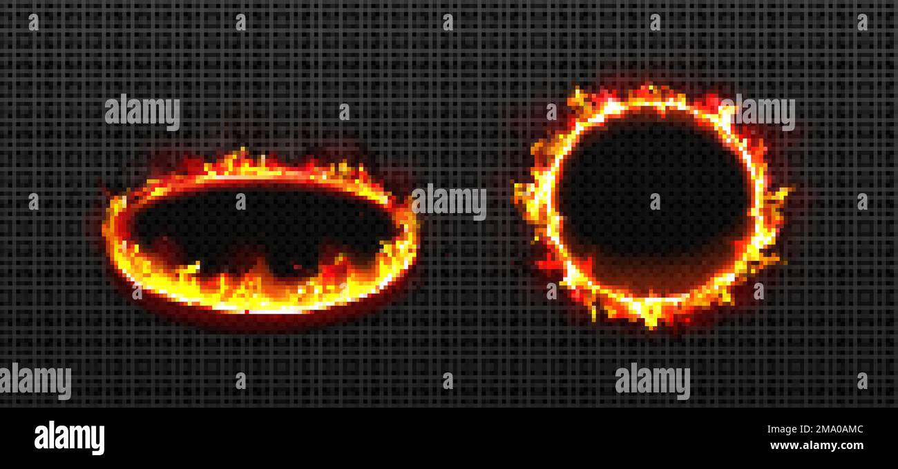 Round frames with fire. Burning rings with flame, glow effect and ...