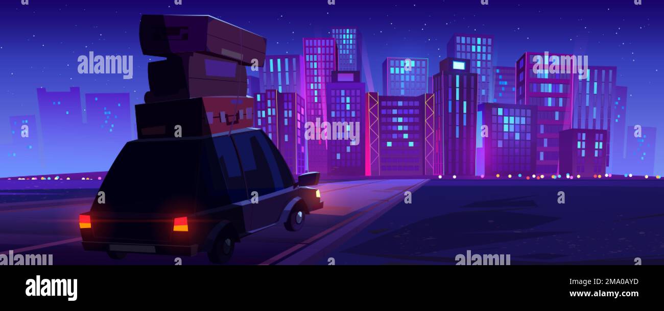 Car with baggage driving road to big city at night. Cartoon vector ...