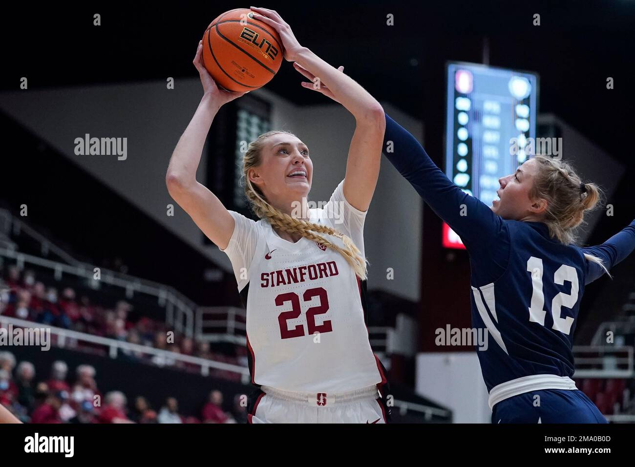 Stanford forward Cameron Brink (22) tries to shoot over Vanguard guard ...