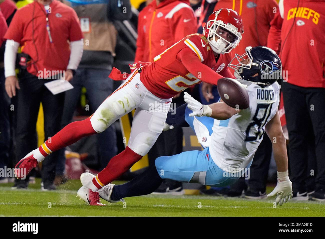 Kansas City Chiefs cornerback Trent McDuffie (21) breaks up a pass ...