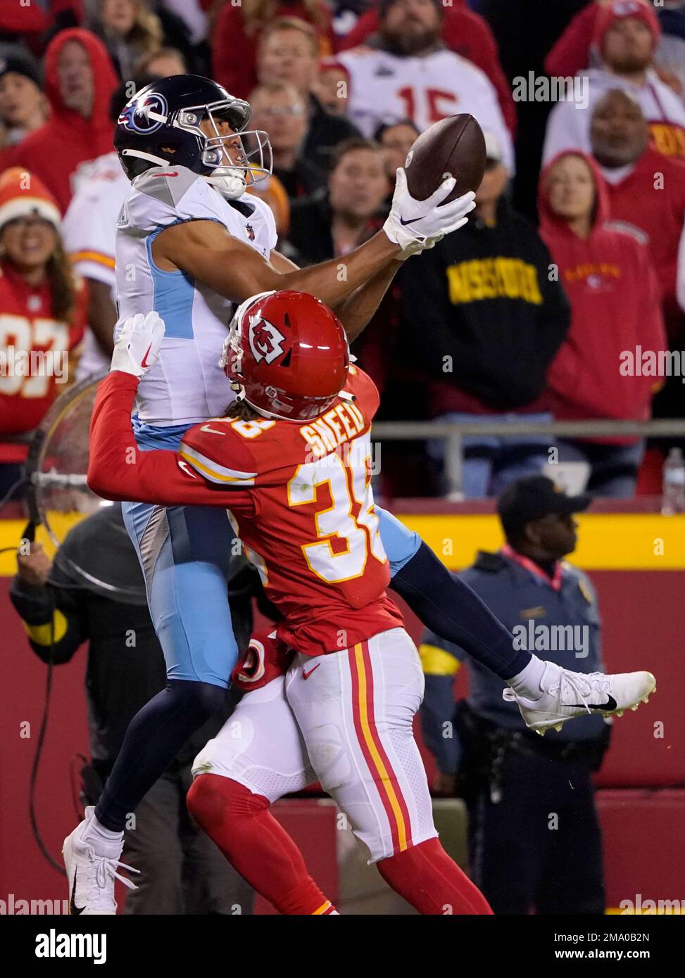 Kansas City Chiefs cornerback L'Jarius Sneed (38) breaks up a pass ...