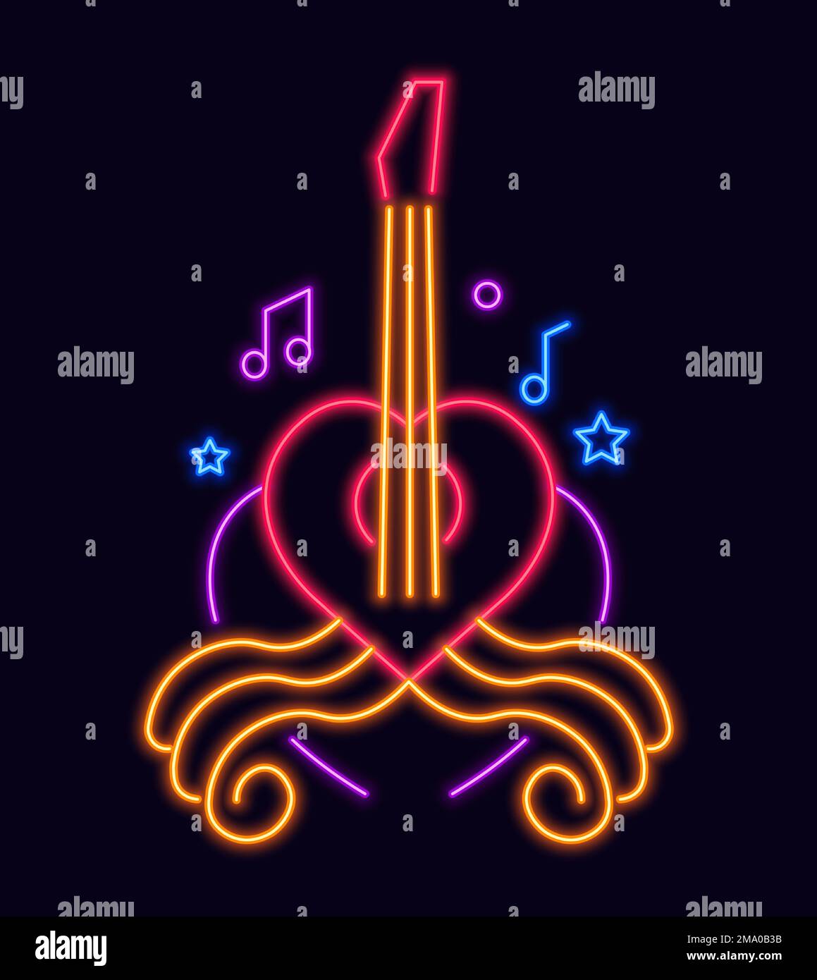 Guitar string musical instrument, isolated neon shining logo for bar or ...