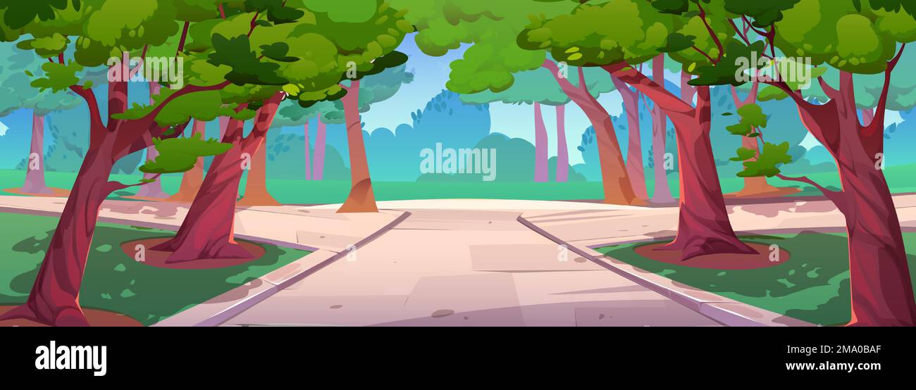 Summer scenery, city park landscape with green trees and grass, white ...