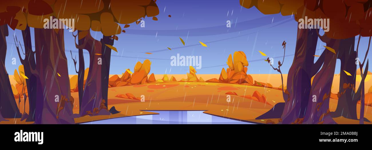 Rain in autumn forest, wild nature landscape. Cartoon fall background ...