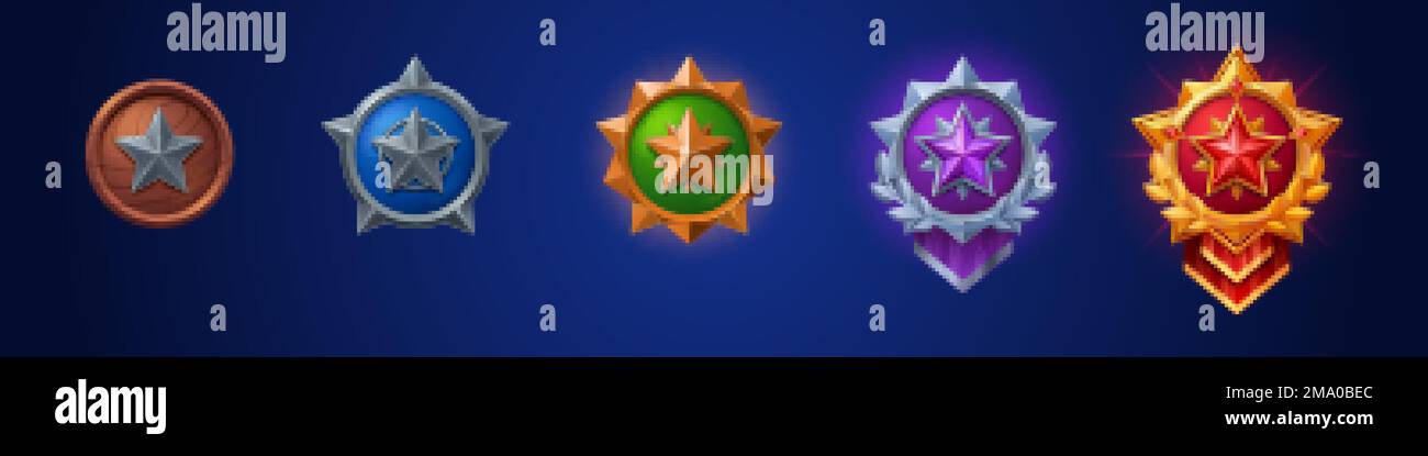 Cartoon set of game badges of different rank isolated on dark blue ...