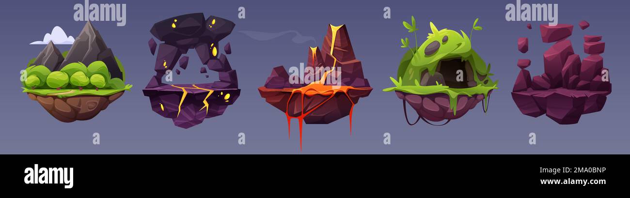 Fantastic flying land platforms for game ui design. Vector cartoon ...