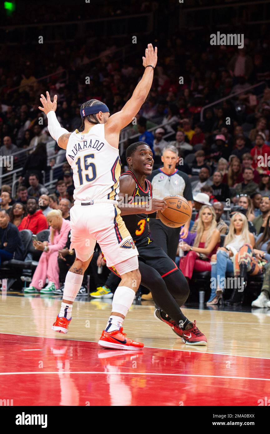 Atlanta Hawks Aaron Holiday drives to the basket past New Orleans ...