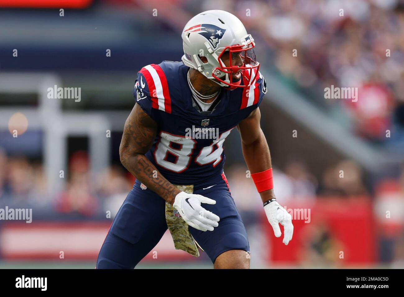 New England Patriots wide receiver Kendrick Bourne plays against the ...