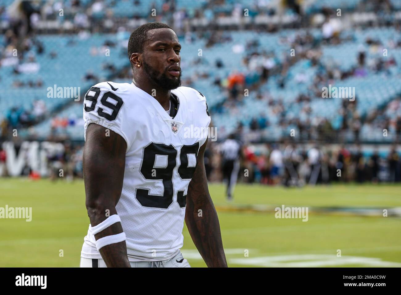 Las Vegas Raiders defensive end Clelin Ferrell (99) walks the field ...
