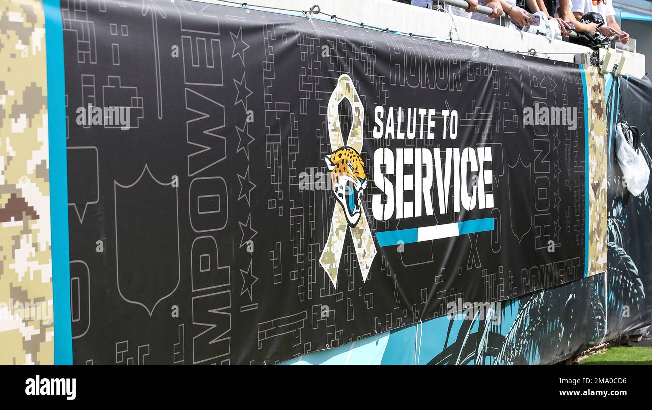 A "Salute to Service" banner on display during an NFL football game ...