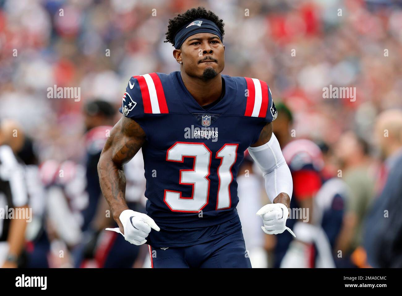 New England Patriots cornerback Jonathan Jones before an NFL football ...