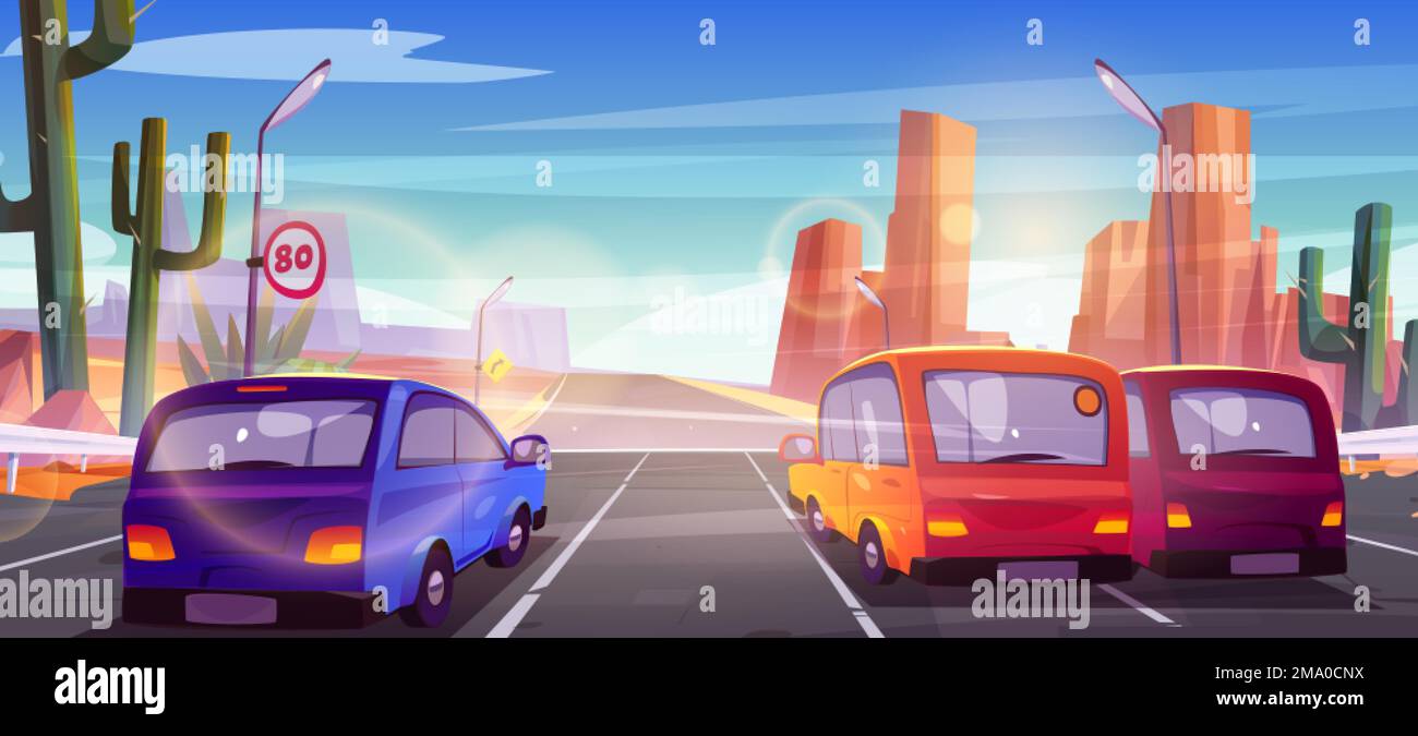 Speed highway in desert with cars, traffic signs and lamp posts ...