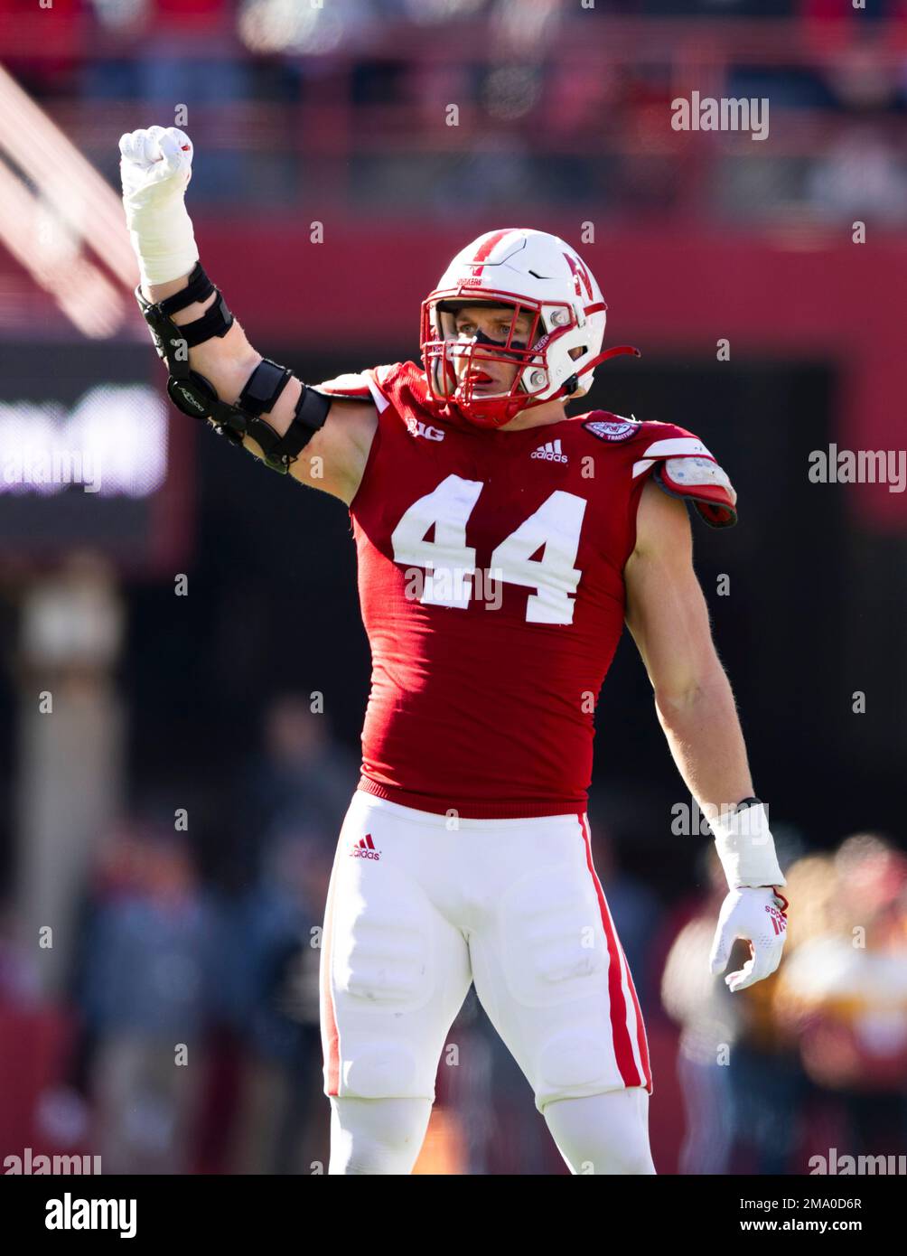 Nebraska edge rusher Garrett Nelson (44) celebrates a play against ...