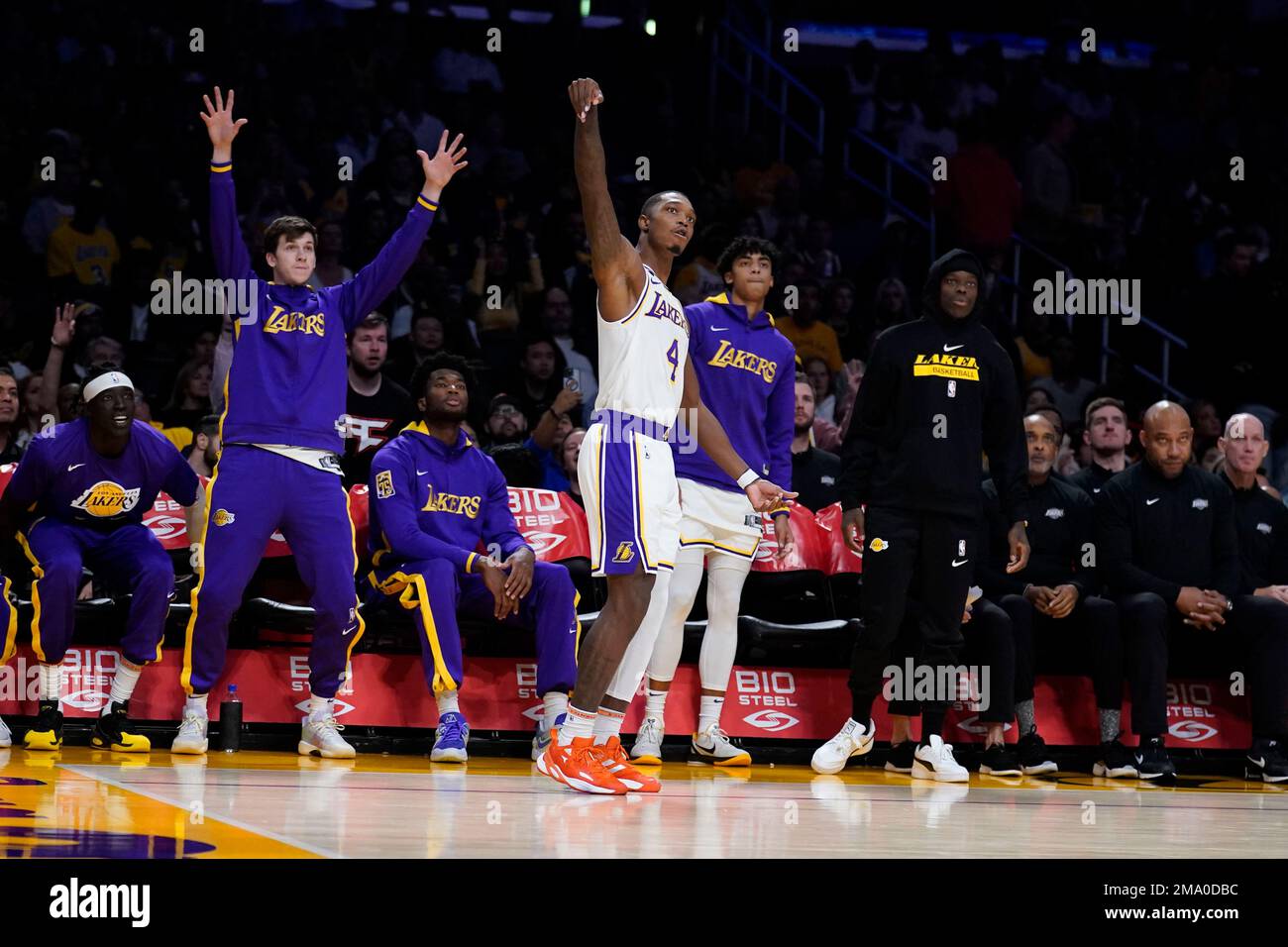 Los Angeles Lakers guard Lonnie Walker IV (4) follows through on a ...