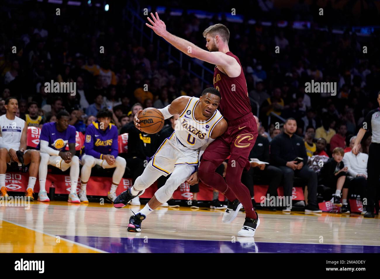 Los Angeles Lakers guard Russell Westbrook, left, dribbles past ...