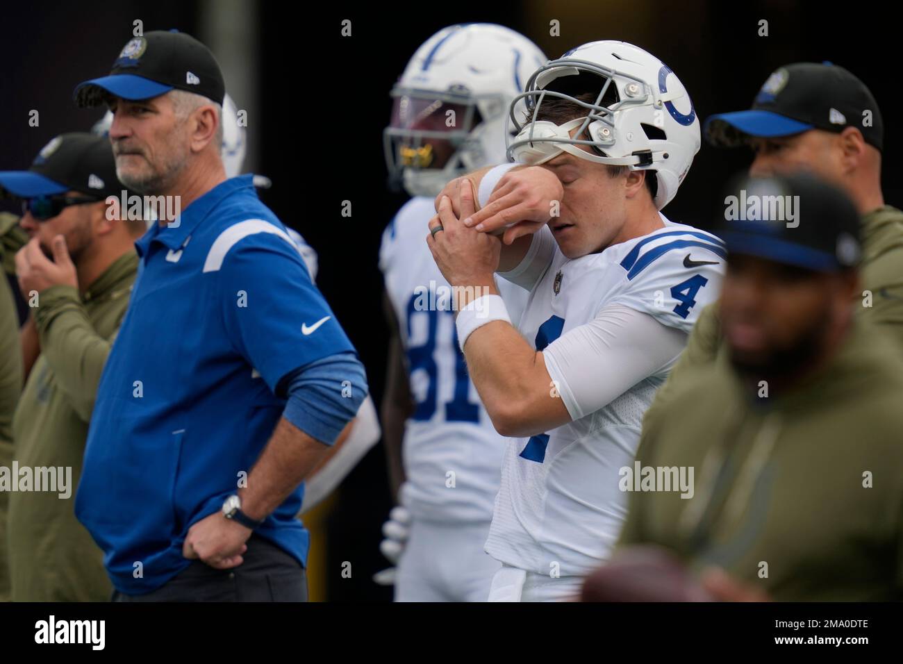 Indianapolis Colts quarterback Sam Ehlinger (4) with head coach Frank ...