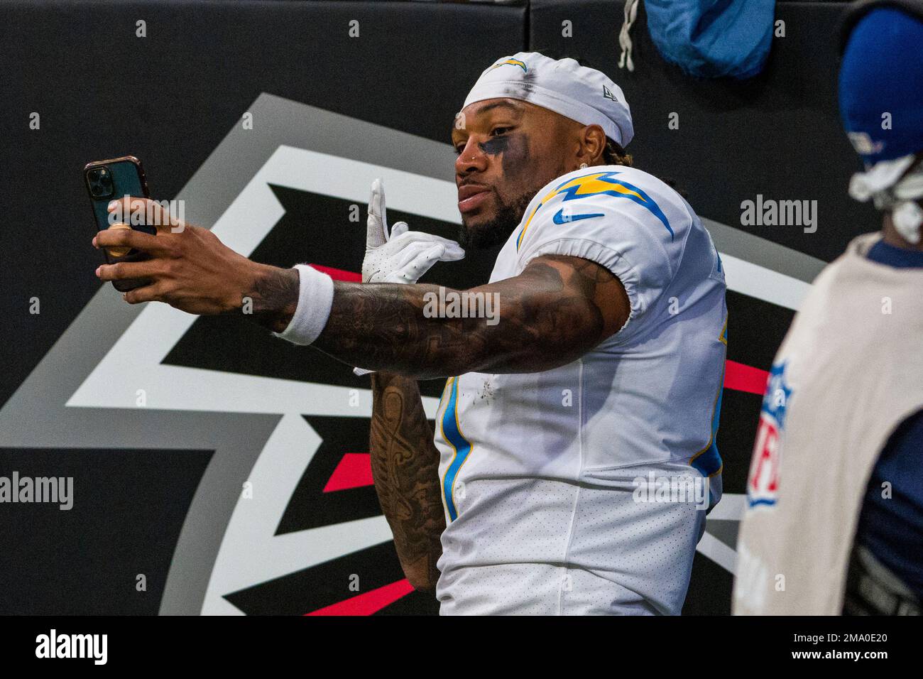 Los Angeles Chargers wide receiver Jason Moore Jr. (11) takes a selfie ...