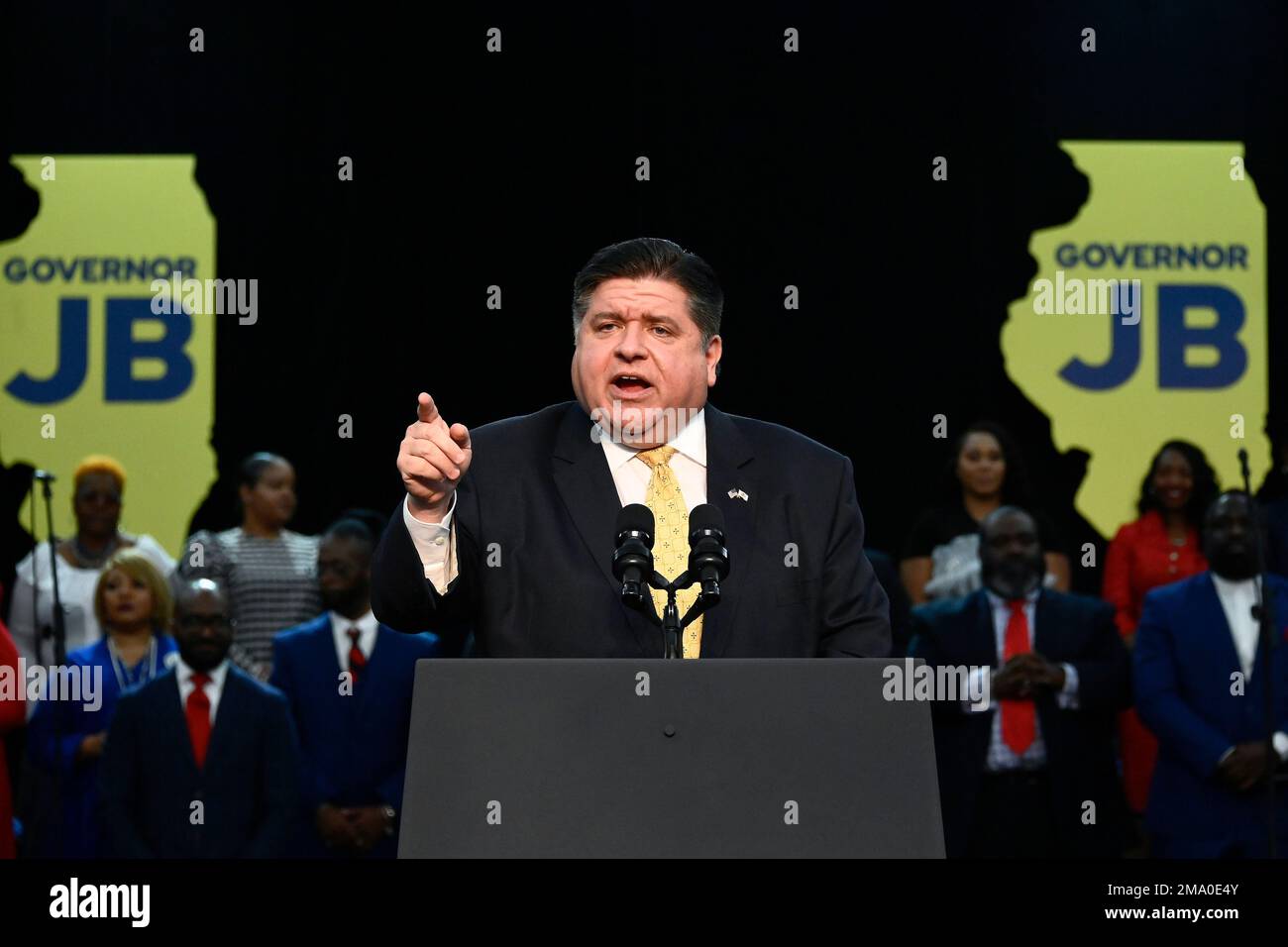 Illinois Gov J B Pritzker Speaks During A Campaign Rally That Vice
