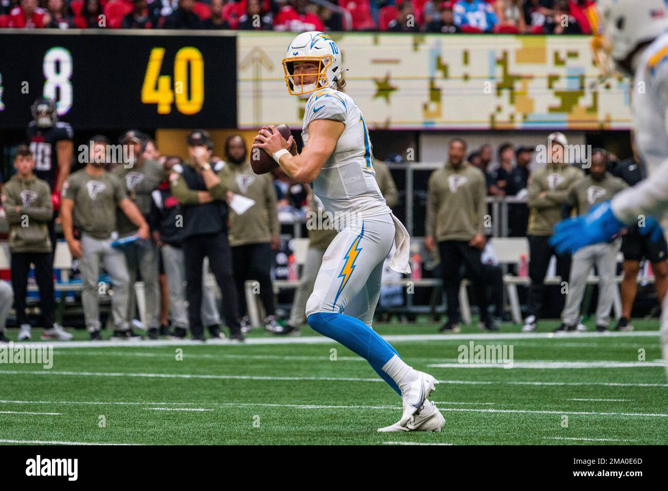 Los Angeles Chargers quarterback Justin Herbert (10) works during the ...
