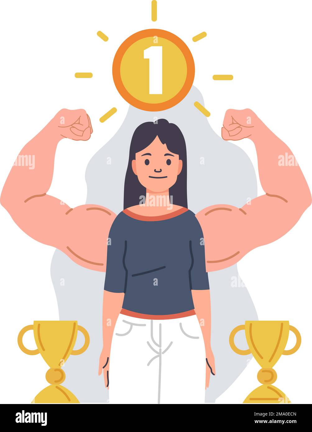 Confident and strong female character with golden prizes and medals ...